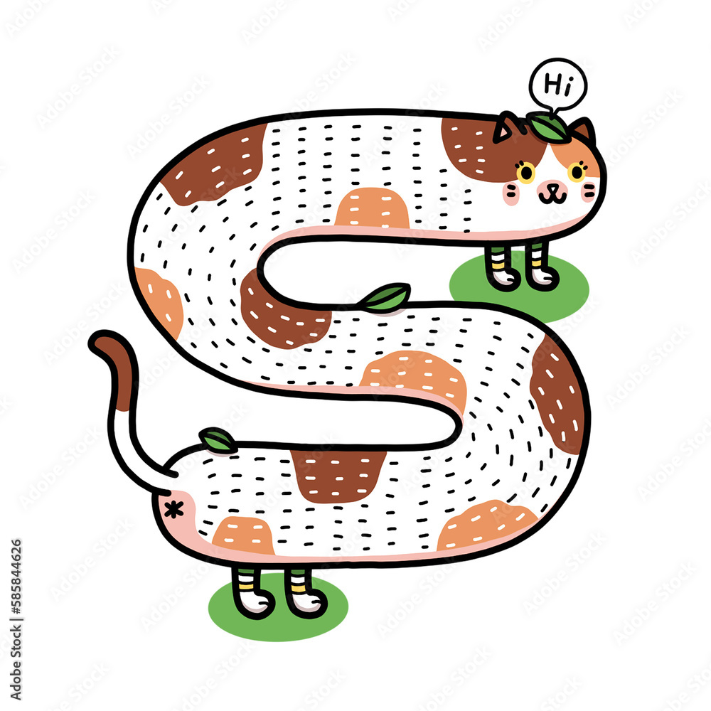 Tricolor cat with long body, S-shaped curve say Hi. Arrangement ...