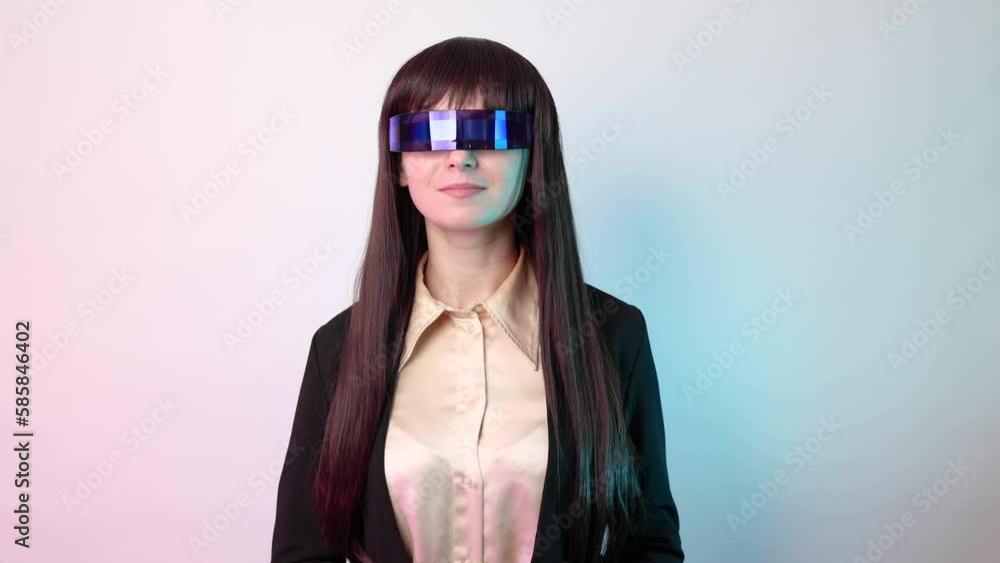 Beautiful female chatbot with futuristic glasses, smiling, listening ...