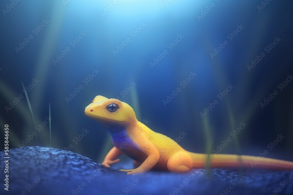 A small yellow lizard sitting on top of a blue surface Stock ...
