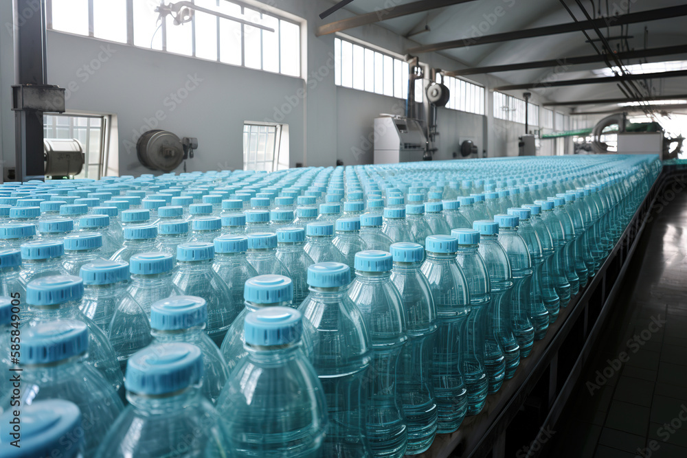 Production of plastic bottles in large quantities at the factory. AI ...