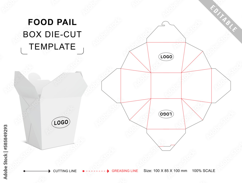 Food pail box die cut template with 3D blank vector mockup for food ...