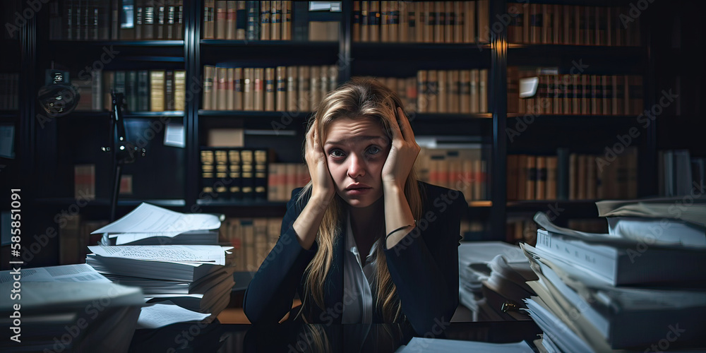 Sad young patent attorney is sitting at a desk with lots of papers ...