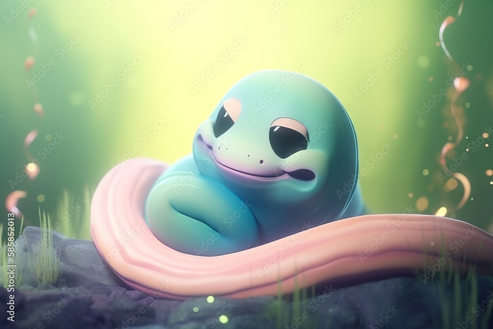 a blue and pink creature sitting on top of a pink object in a field of ...