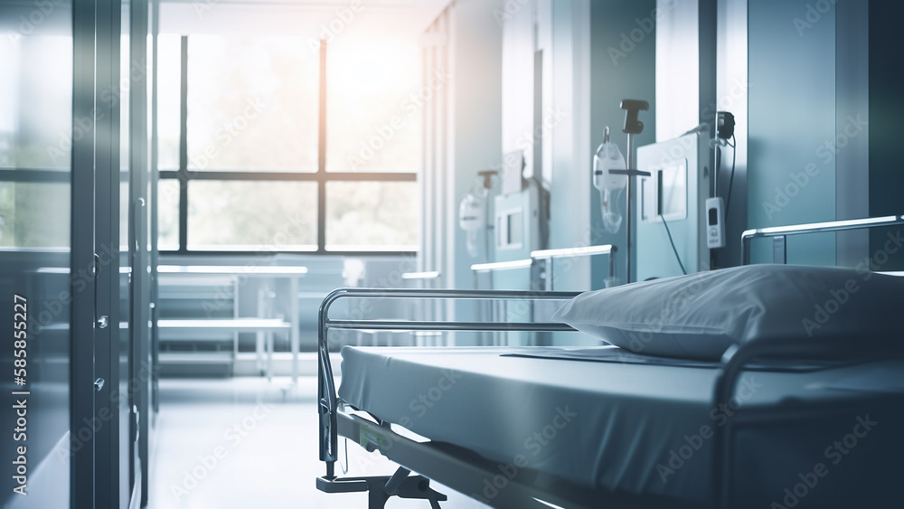 hospital bed with blurred hospital interior in the background, copy ...
