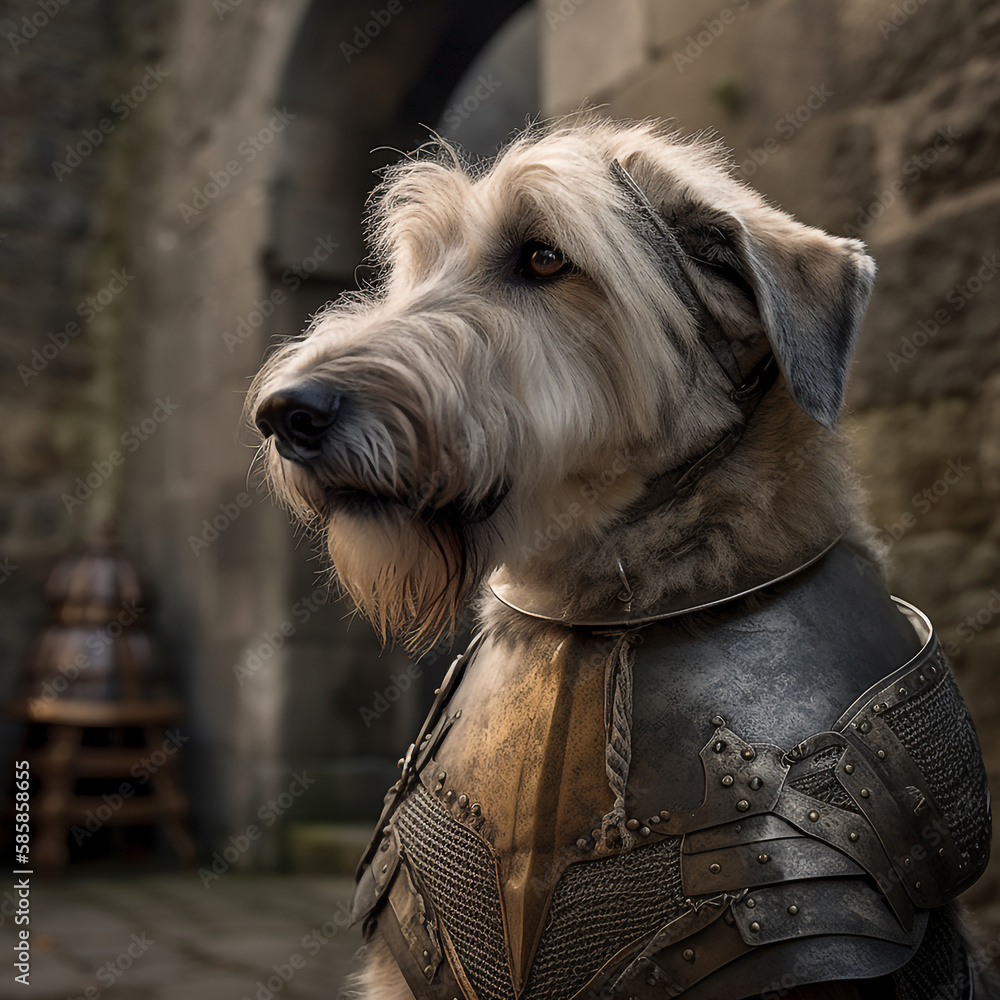 Irish wolfhound wearing armor in a medieval castle courtyard ...