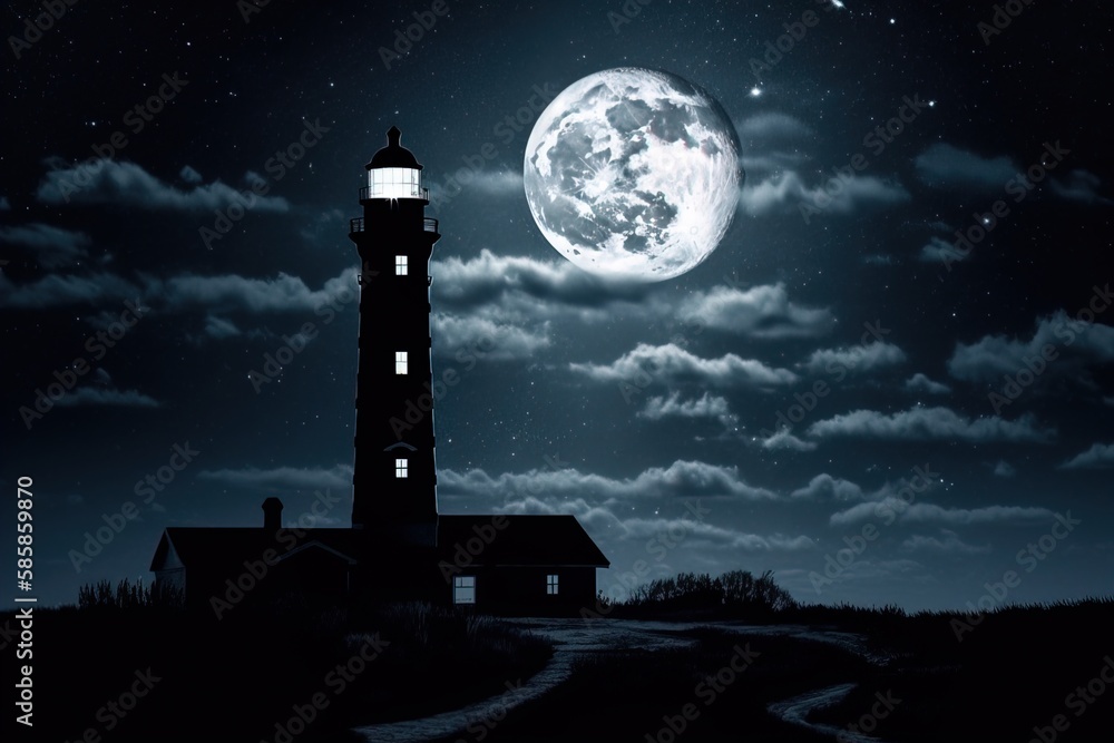 Lighthouses At Night And Moon