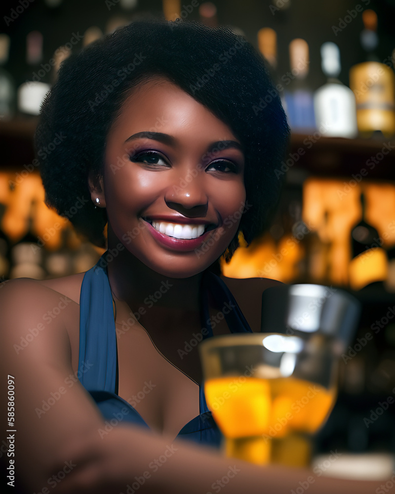 Beautiful black woman in a bar at night. Illustration, generative ai, generative, ai Stock ...