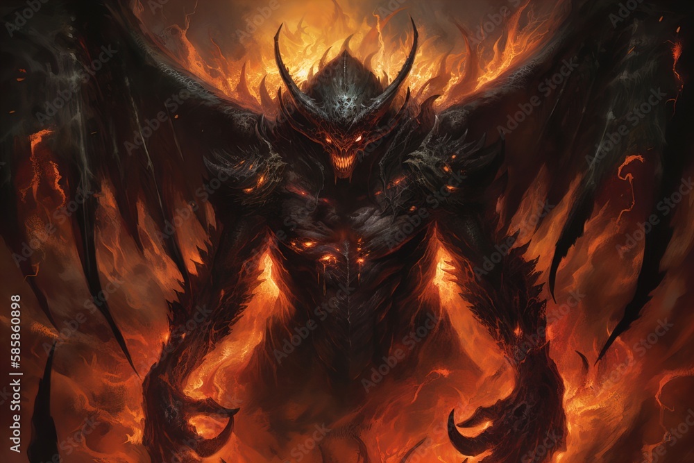 Satan with his red eyes glowing and his black wings Stock Illustration ...