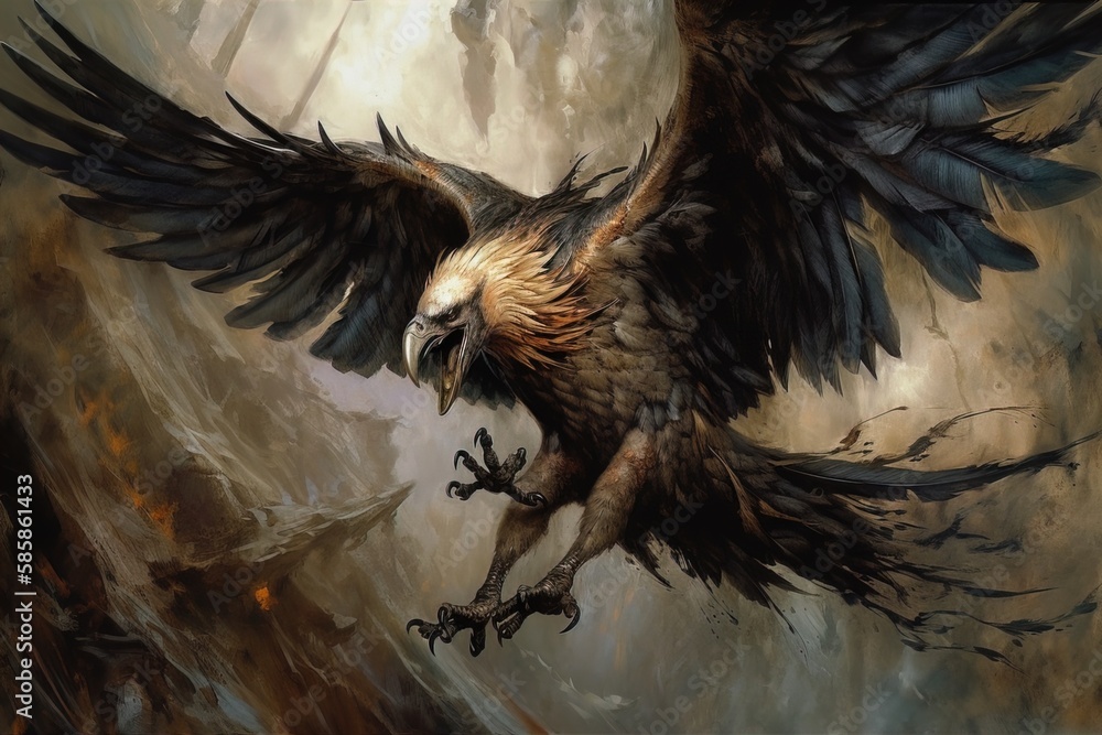 winged Harpy, with her bird-like features and sharp talons, swooping ...