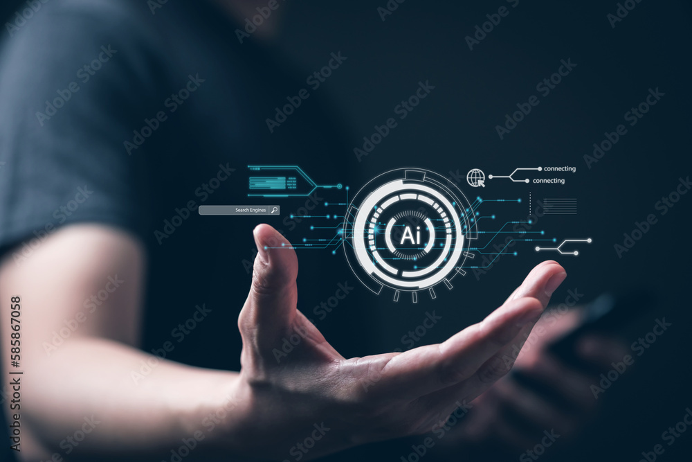 AI Technology, Smart Devices, Internet of Things. Male hand holding AI ...