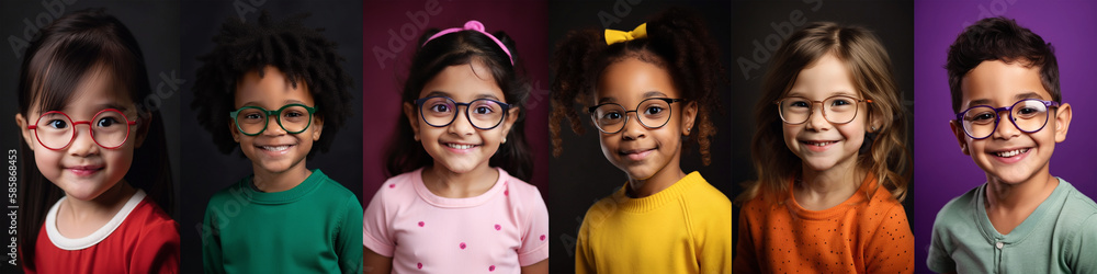 Collage of toddlers portraits in colorful eyeglasses. Child eye check ...