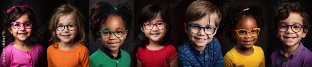 Collage of toddlers portraits in colorful eyeglasses. Child eye check ...