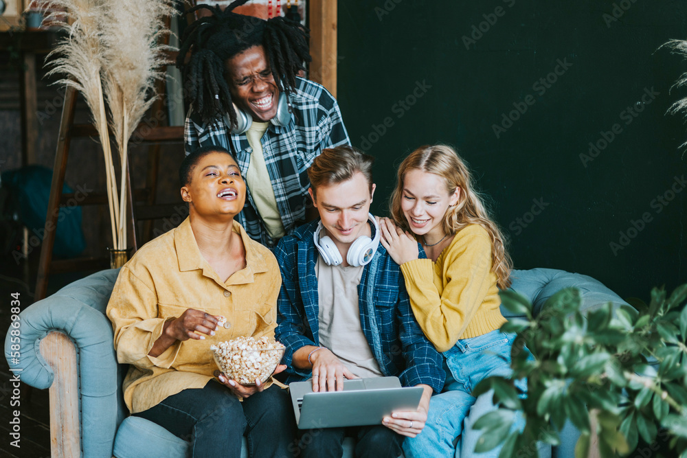diversity and international group of young people students watching ...