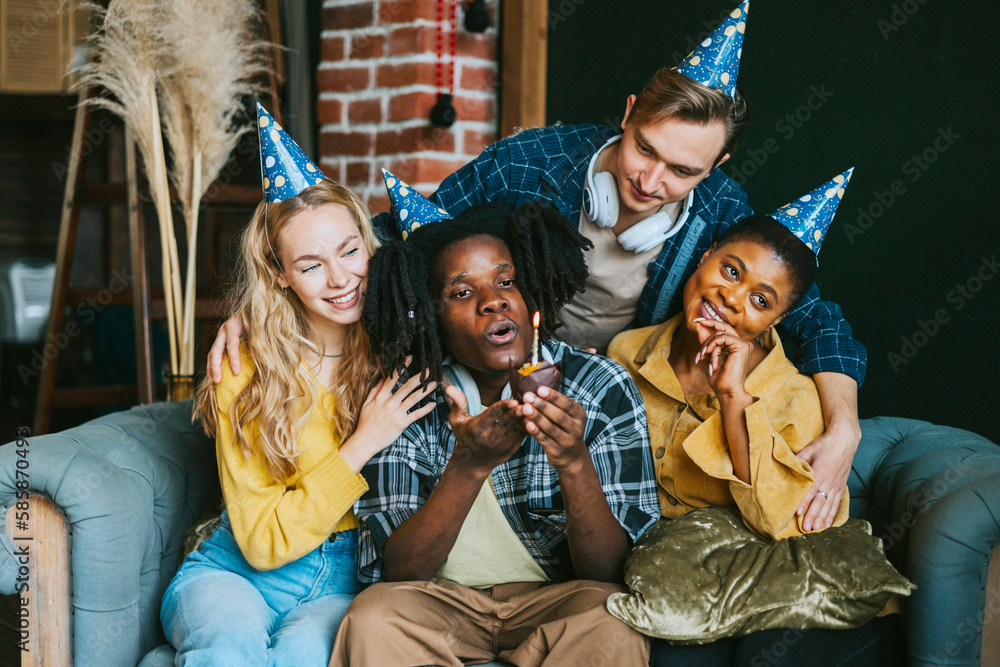 diversity and international group of young people friends students celebrate a birthday with a ...