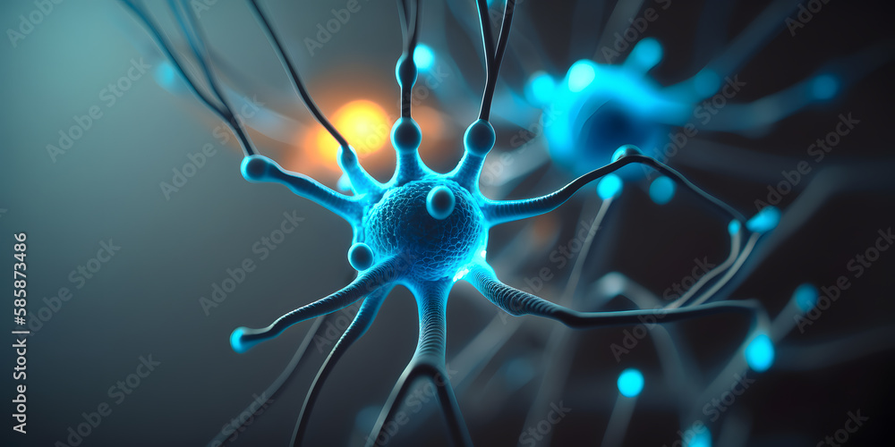 Nerve cell, system neuron of brain with synapses, blue color. Medicine ...