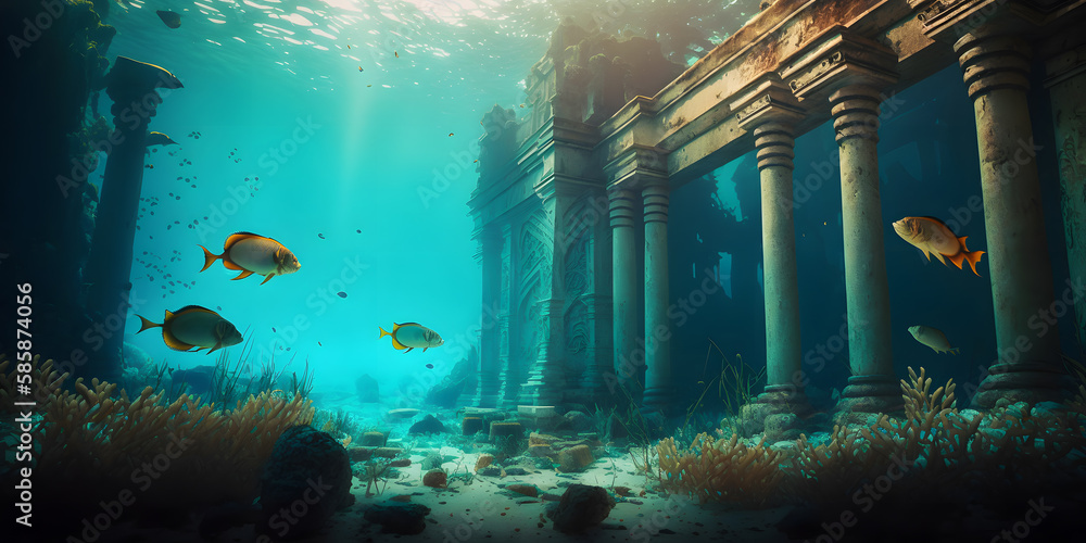 Ruins of Ancient city of Atlantis underwater of mythology. Generation ...