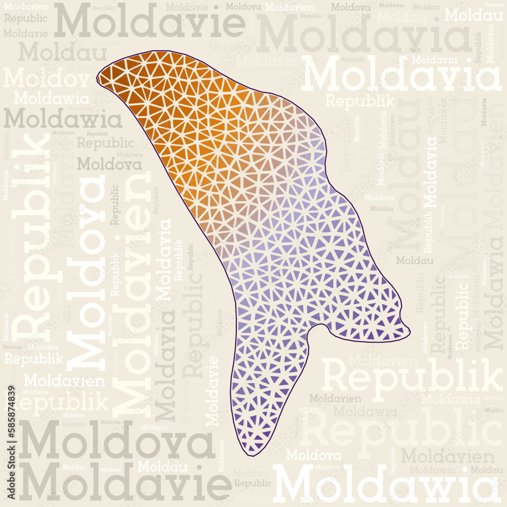 MOLDOVA map design. Country names in different languages and map shape ...