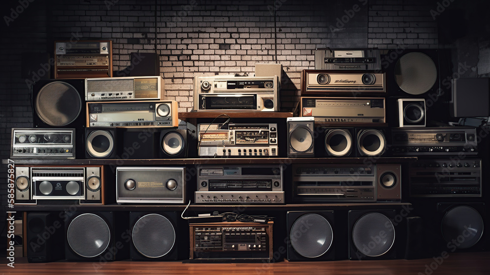 Vintage wall full of radio boombox of the 80s. Generative Ai Stock ...