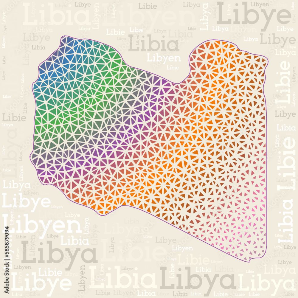 LIBYA map design. Country names in different languages and map shape ...