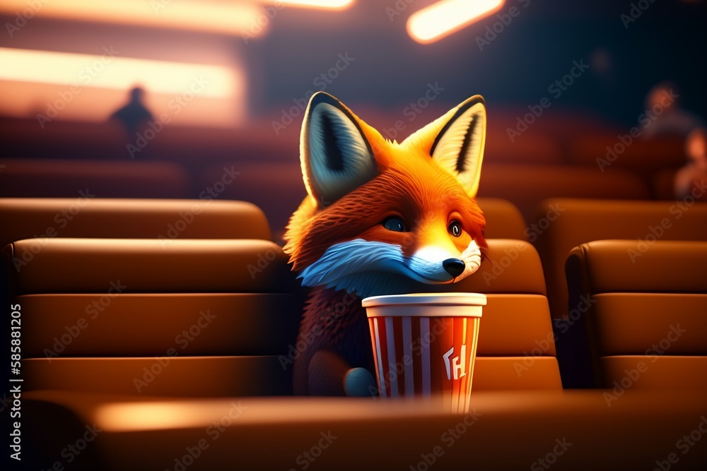 Fox woman enjoying movie night with popcorn in a theater. Cute ...