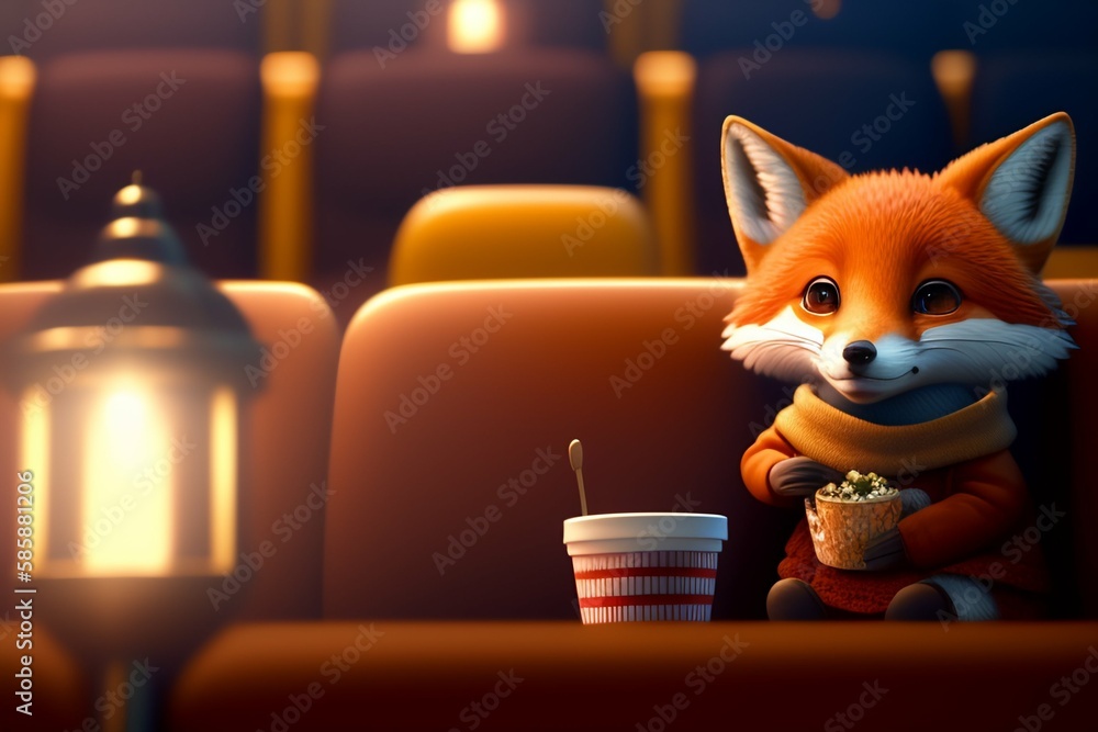 Fox woman enjoying movie night with popcorn in a theater. Cute ...