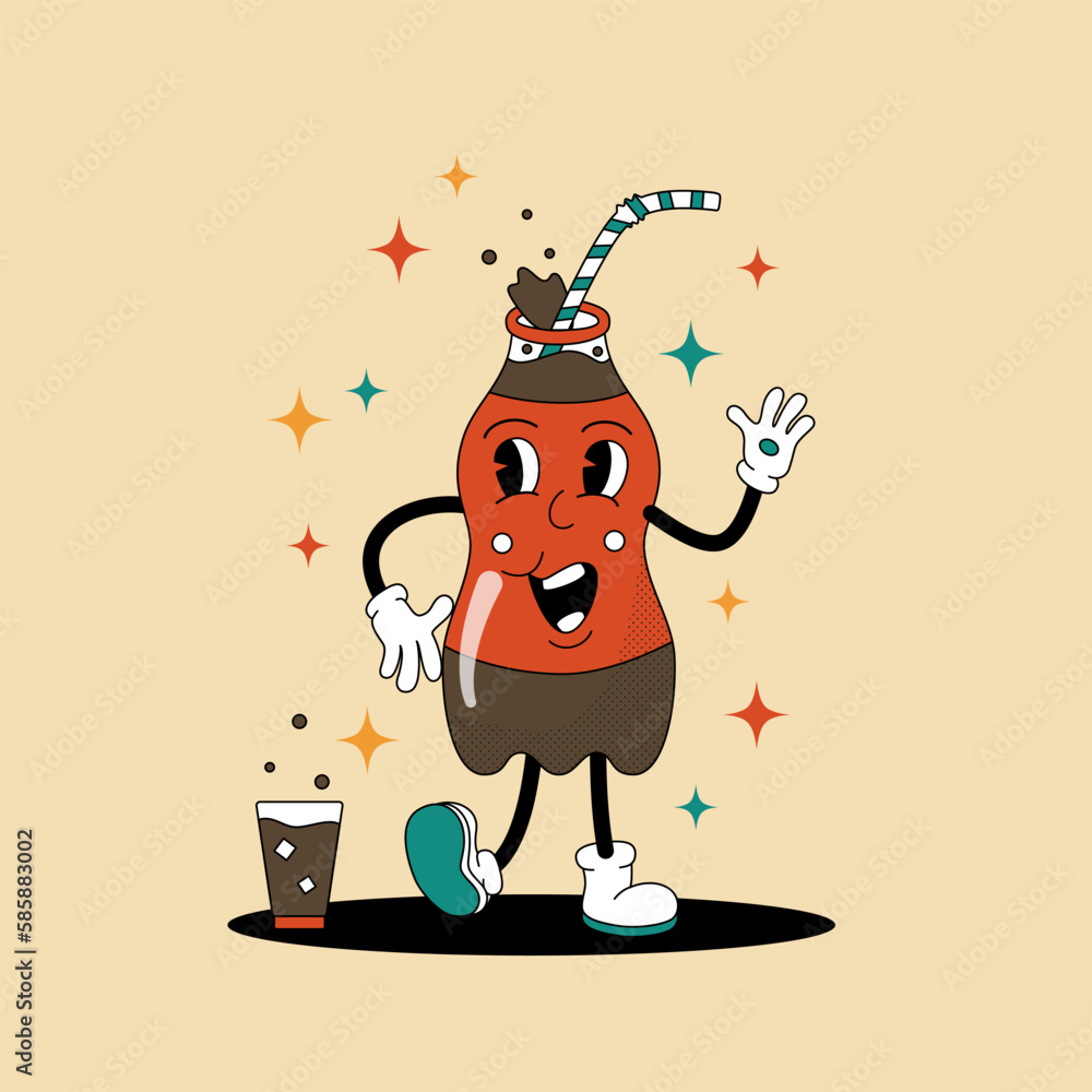 Comic flat Cola Bottle with face on decorated background. Vector ...