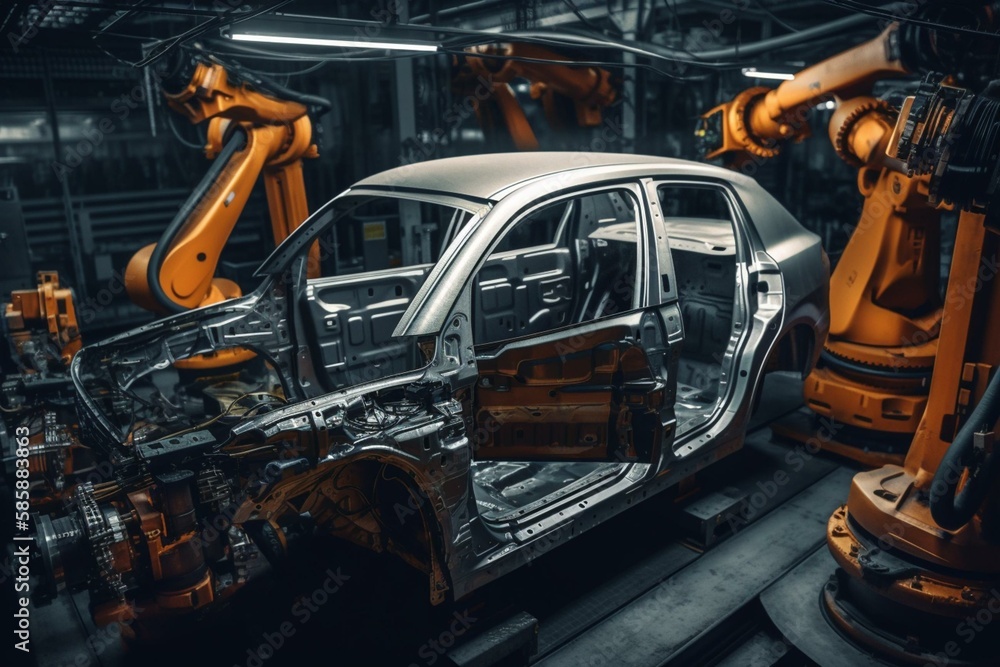 Car Factory Digitalization Industry 4.0 5G IOT Concept: Automated Robot Arm Assembly Line ...