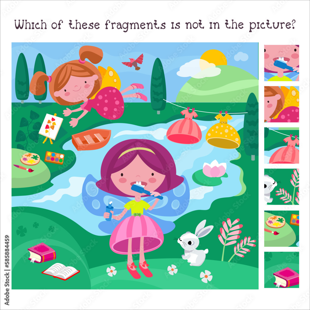 Find fragments. Educational puzzle game for children. Cute little fairy ...
