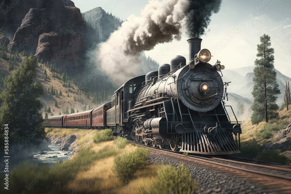 steam locomotive, pulling train of passenger cars through scenic ...