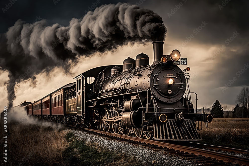 old steam locomotive pulling passenger cars on rural train line ...