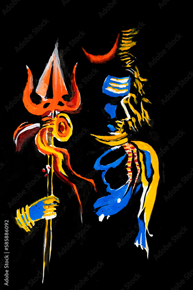 Bright poster color made hand painted illustration of Lord Shiva with ...