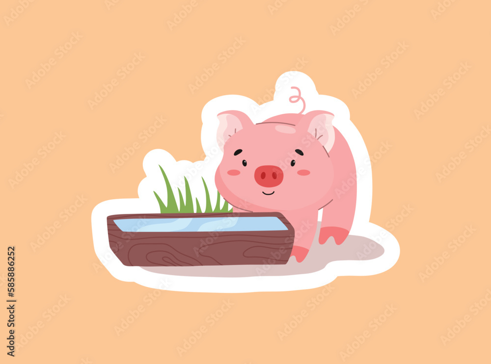 Cute smiling pig standing next to trough with water sticker flat style ...
