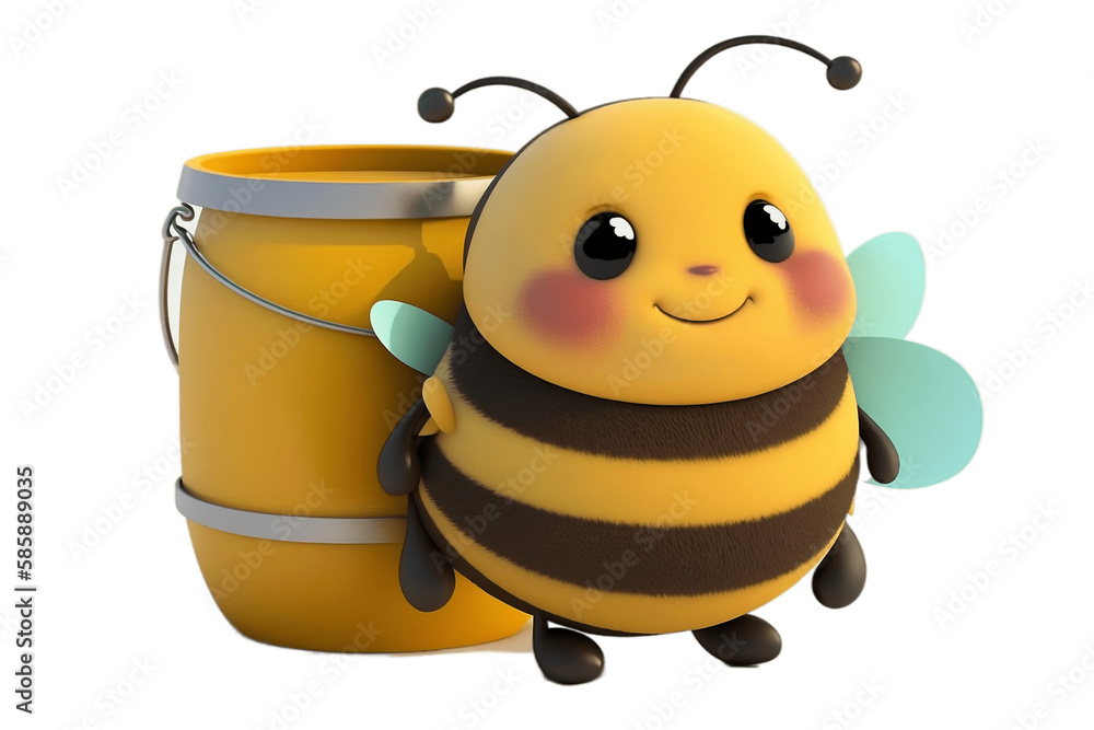 3d cartoon cute fat bee with a pot of honey isolated on transparent ...