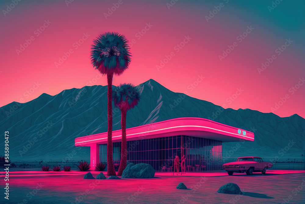 Vaporwave styled landscape with hotel, shop or gas station and parked ...