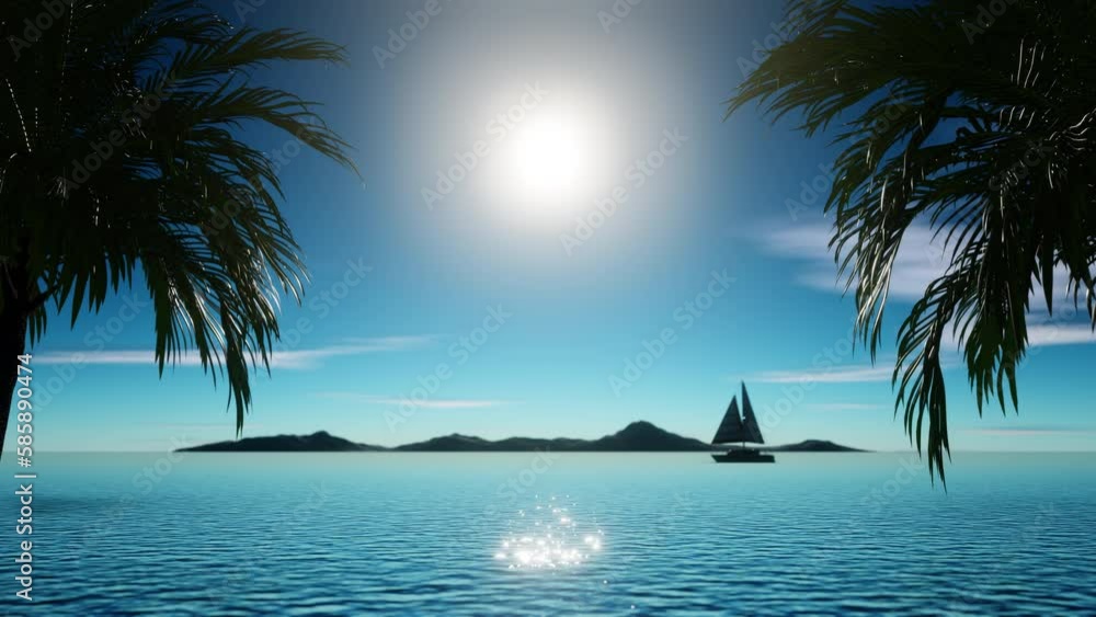 An idyllic and tranquil tropical paradise, with an ocean beach, palm ...