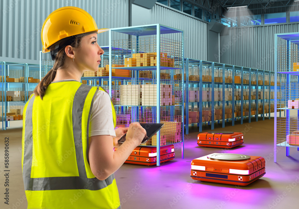 Warehouse manager woman. Automated guided vehicles. Girl among ...
