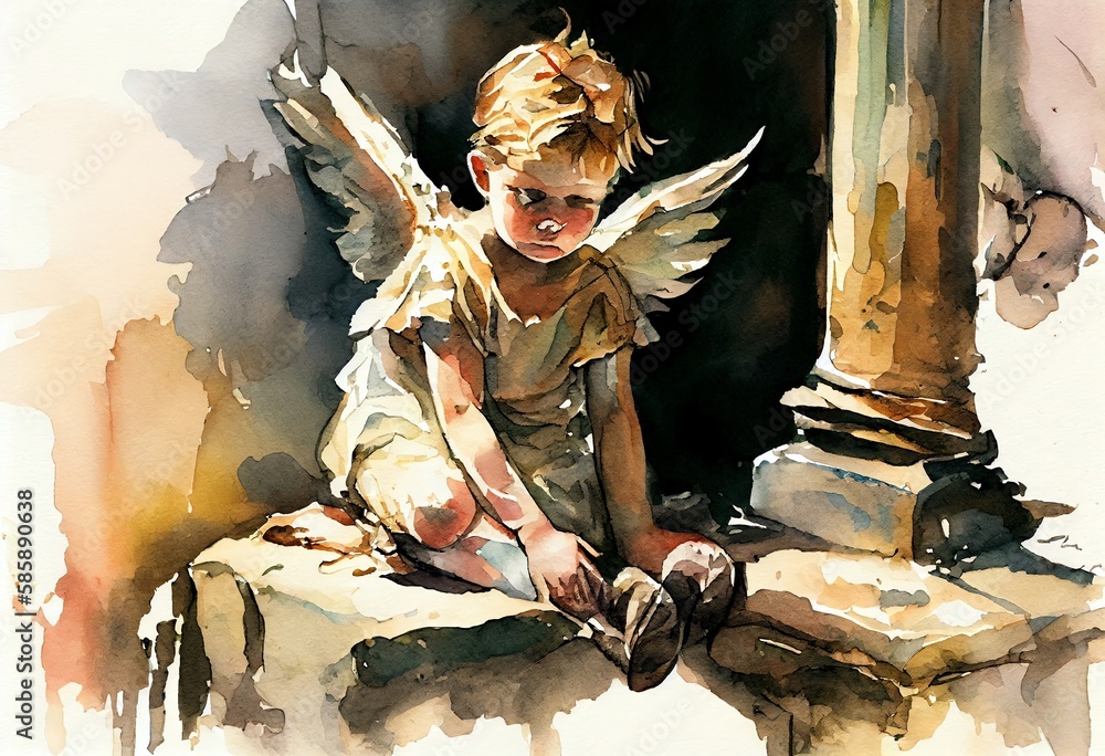 Watercolor Illustration of a Little Burnt Fallen Angel, An Angel Who ...
