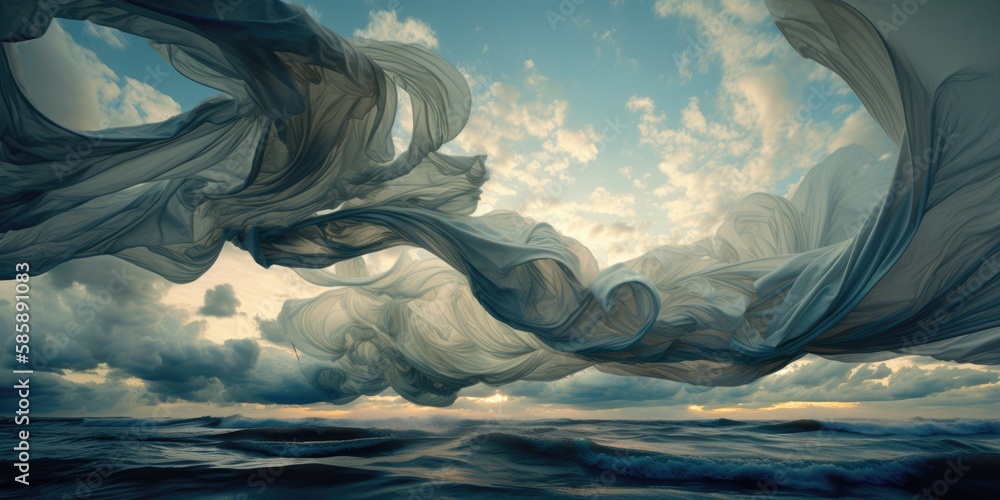 Surreal shapes of an enigmatic seascape of floating windblown fabric ...