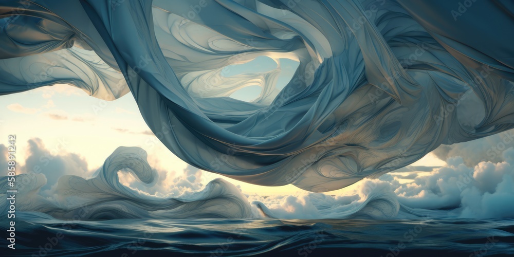 Surreal shapes of an enigmatic seascape of floating windblown fabric ...