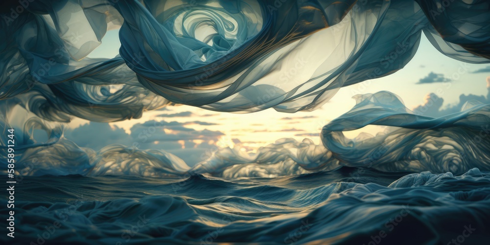 Surreal shapes of an enigmatic seascape of floating windblown fabric ...