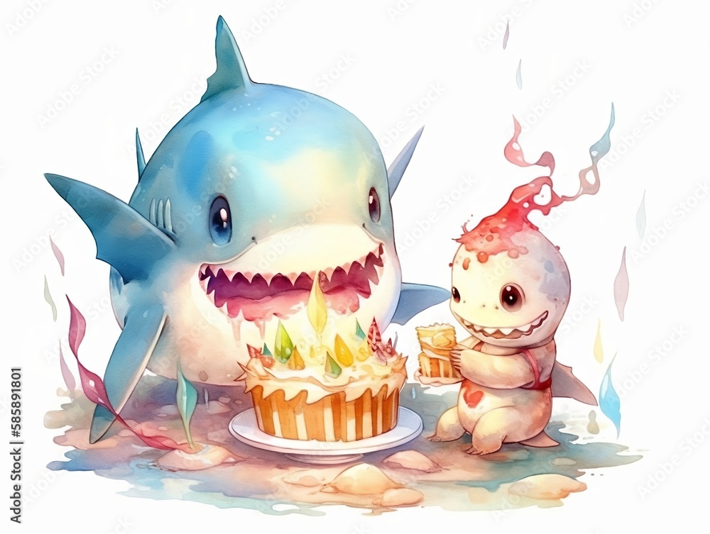 baby sharks playing with birthday cake - watercolor illustration on ...