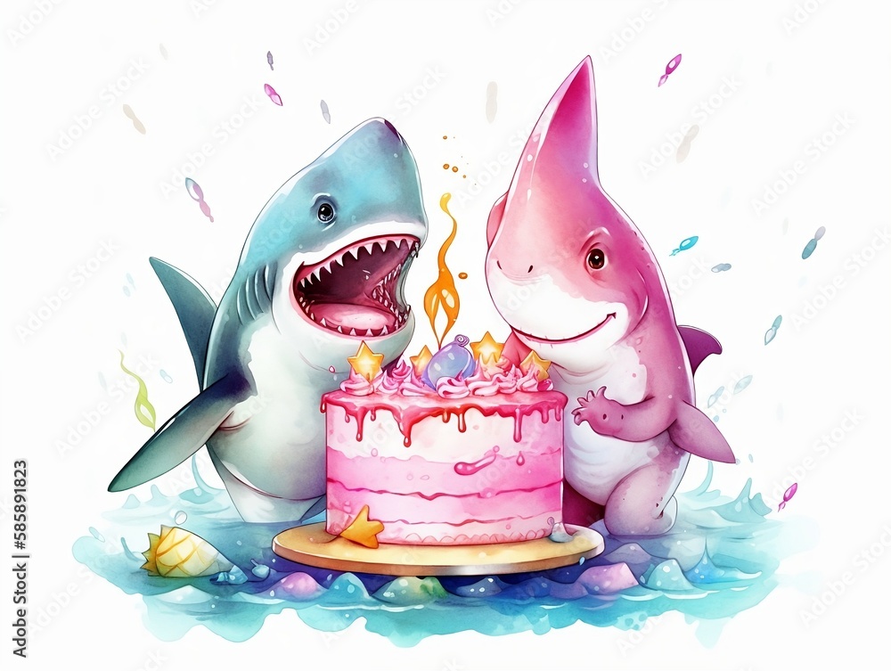 baby sharks playing with birthday cake - watercolor illustration on ...