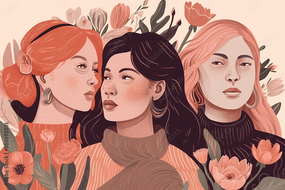 ภาพประกอบสต็อก International women day. Diverse female portraits of ...