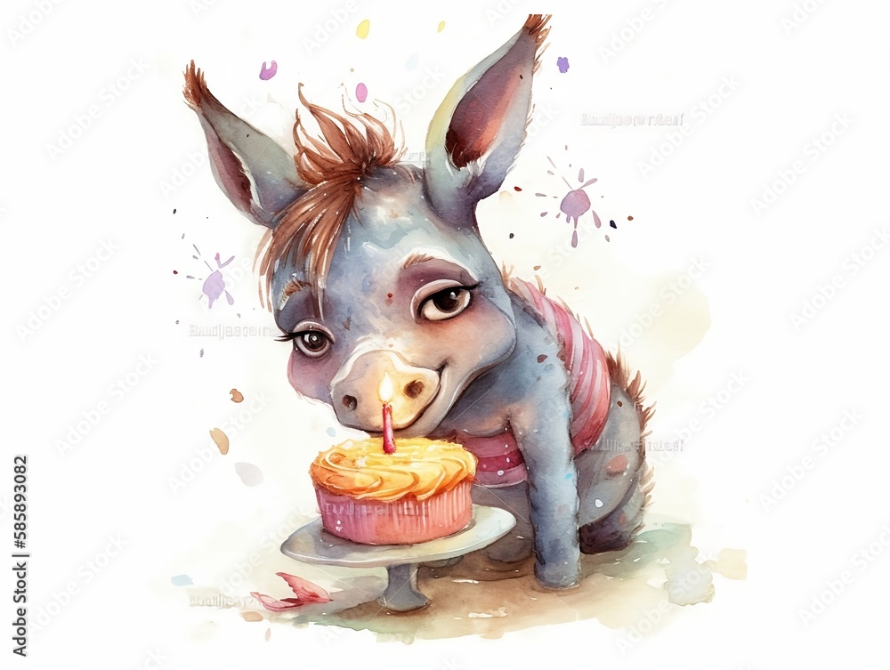donkey playing with birthday cake - watercolor illustration on ...