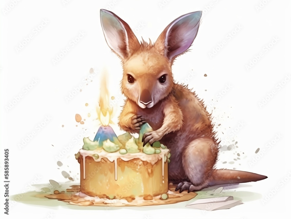 baby kangaroo playing with birthday cake - watercolor illustration on ...