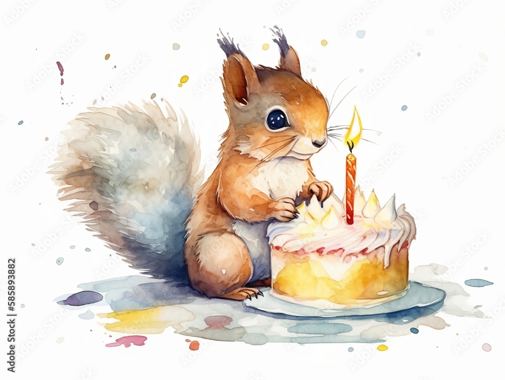 happy squirrel playing with birthday cake - watercolor illustration on transparent background ...