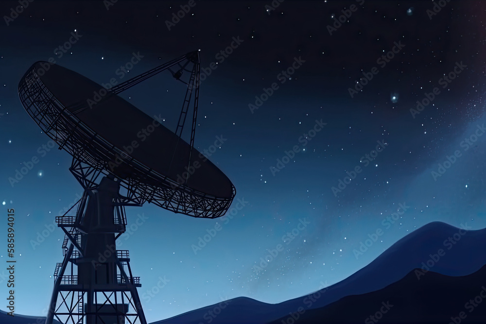 Radio telescope at starry night. Antenna for of space signals research ...