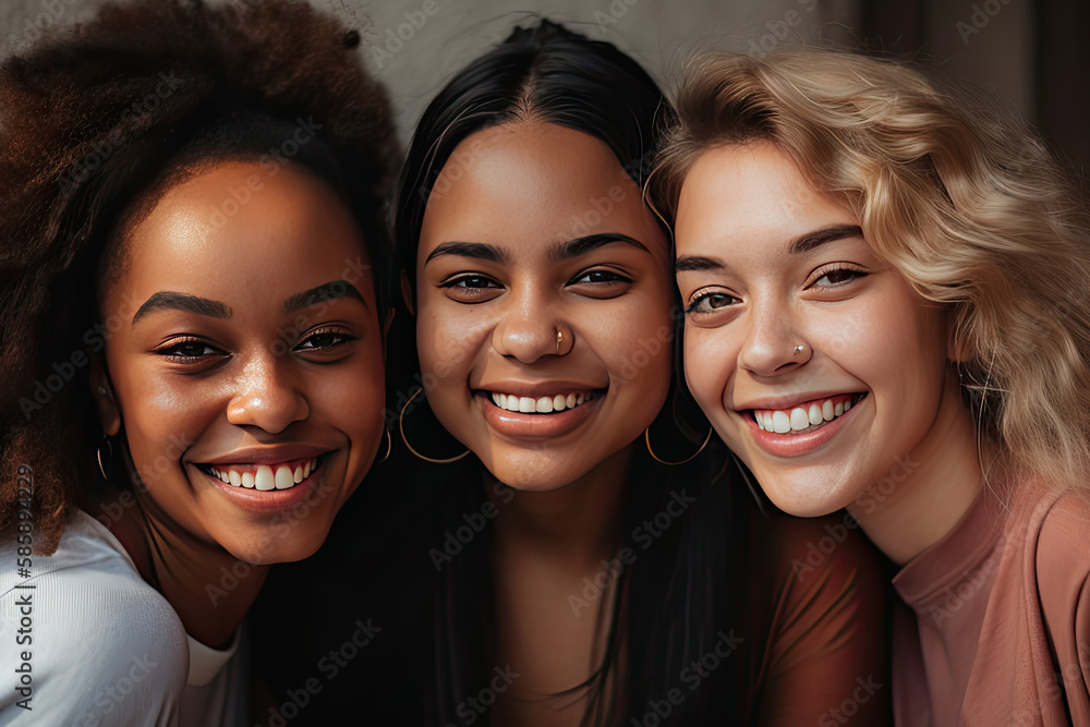 Multiracial women standing together and smiling at camera. Portrait of ...