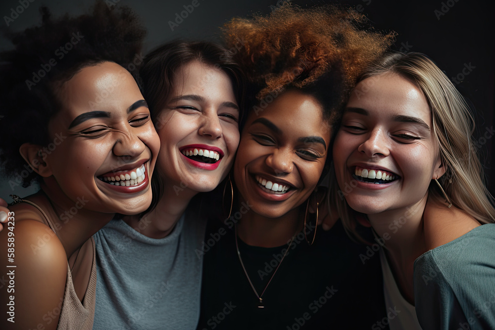 Multiracial women standing together and smiling at camera. Portrait of ...