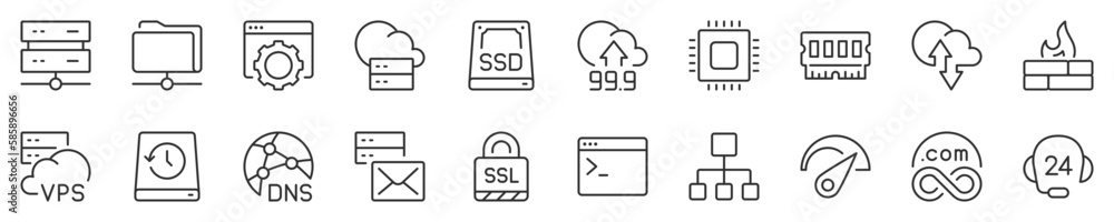 Hosting and cloud computing networks concepts, thin line icon set ...